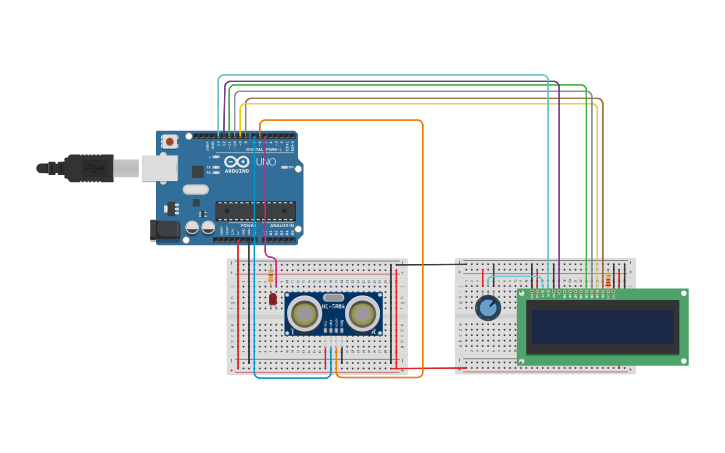 Circuit design HC-SR04 - LED - LCD | Tinkercad