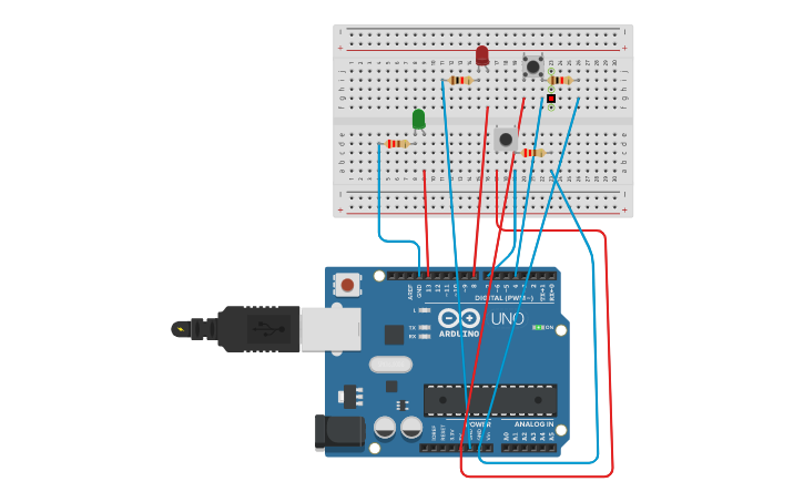 Circuit design Dos botones y dos Leds | Tinkercad Circuit design Dos botones y dos Leds | Tinkercad