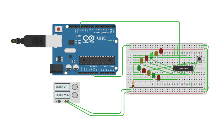 Circuit design Johnson decade counter - Tinkercad