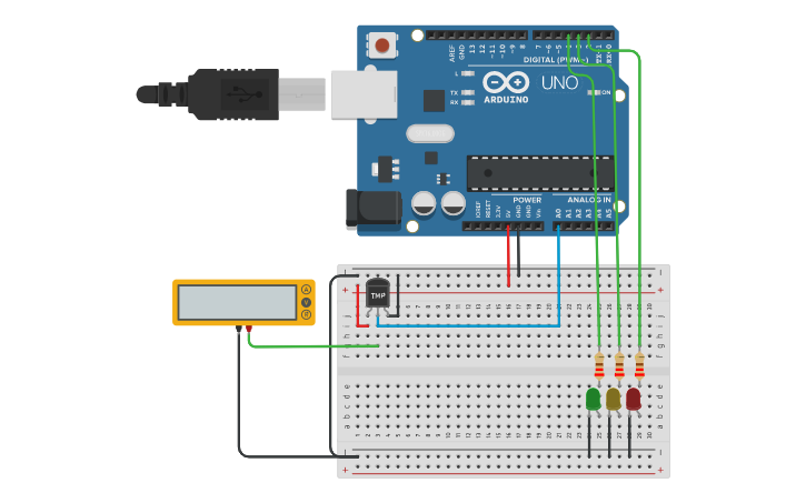 Circuit design Sensor de temperatura | Tinkercad