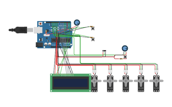 Circuit design Arduino 5 servomotors for robot arm - Tinkercad
