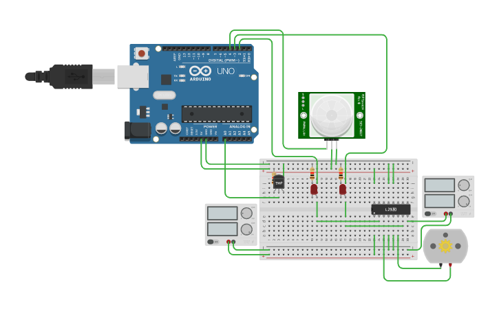 Circuit design PSSA 6 - Sistem Instrumentasi - DC Motor Arduino TMP PIR | Tinkercad