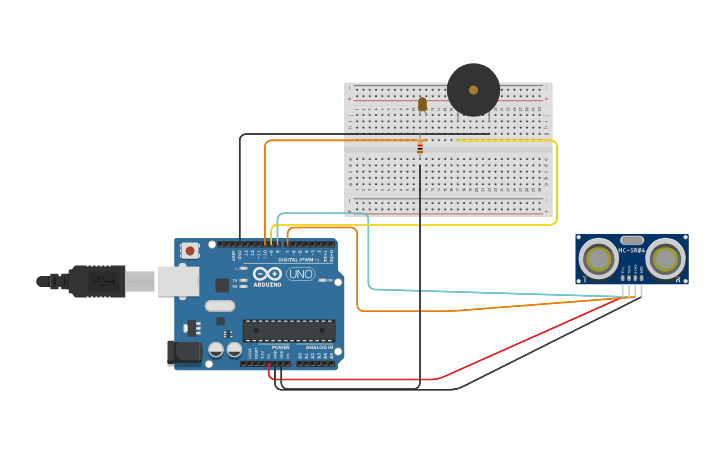 Circuit design ultra sonic using led and buzzer | Tinkercad