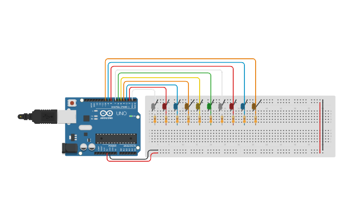 Circuit design Lección No. 7(A) Funcionamiento del Arduino (bucle for) | Tinkercad