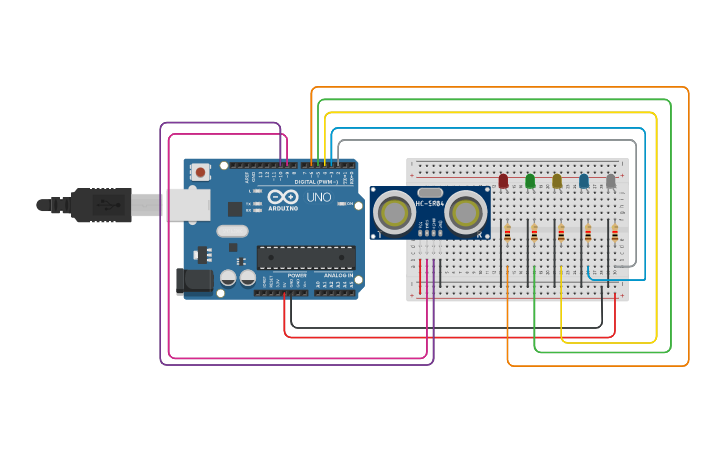 Circuit design HC SR04 Ultrasonik Mesafe Sensörü ile Led Yakma - Tinkercad