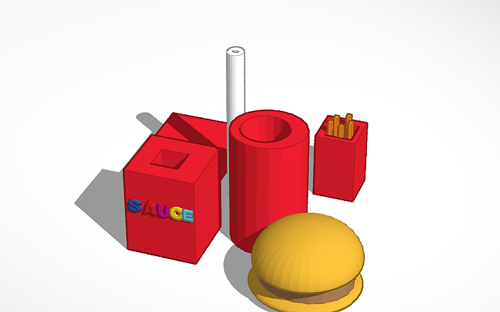 3D design fast food burger with a side of fries, sauce, and a drink ...