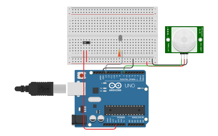 Circuit design Arduino 5: sensor PIR | Tinkercad