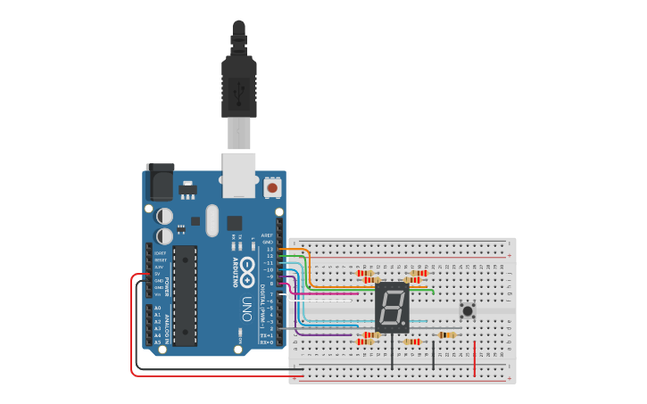 Circuit design CONTADOR DISPLAY 7 SEGMENTOS - CÁTODO COMUM - Tinkercad