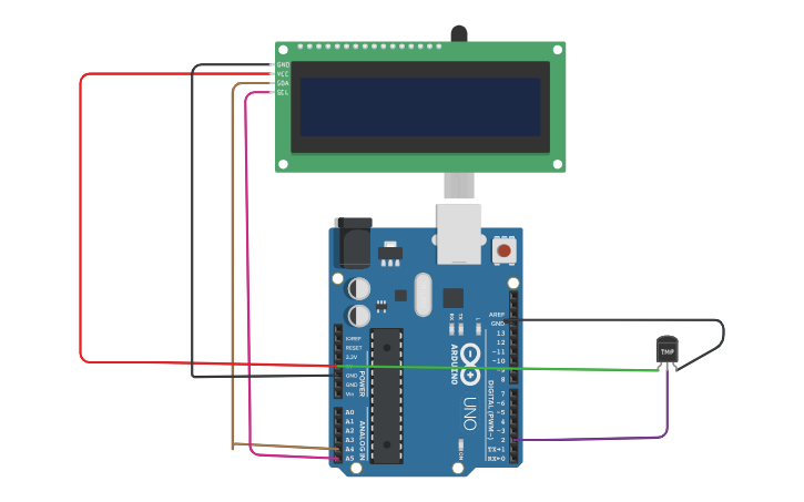Circuit design week7 LCD and DHT11 sensor temp reading - Tinkercad