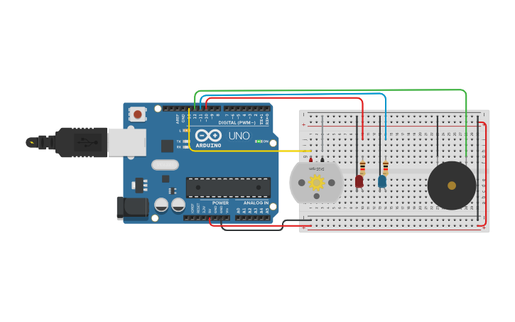 Circuit design DC Motor and Piezo Buzzer program - Tinkercad