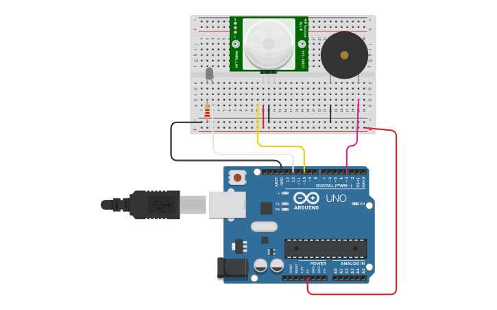 Circuit design Sensor PIR e BUZZER - Tinkercad