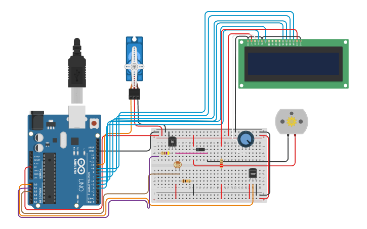 Circuit design LDR-SERVO-FAN(LCD EKRANLI) | Tinkercad
