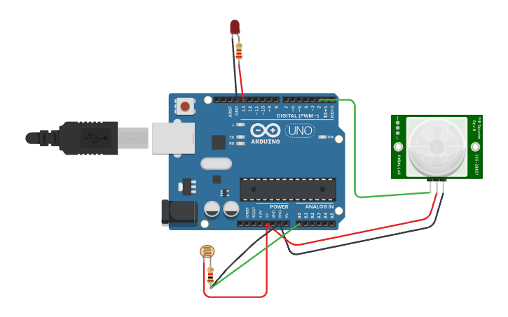 Circuit design PIR sensor, LDR sensor to glow LED in dark - Tinkercad
