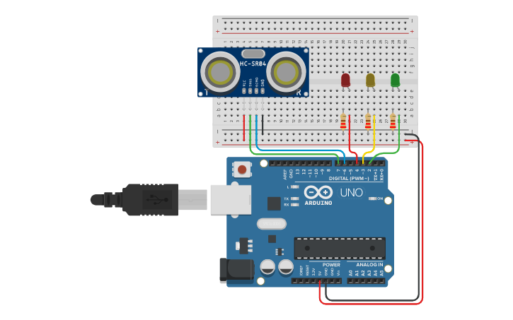Circuit design Ultrasonic Distance Sensor LED - Tinkercad