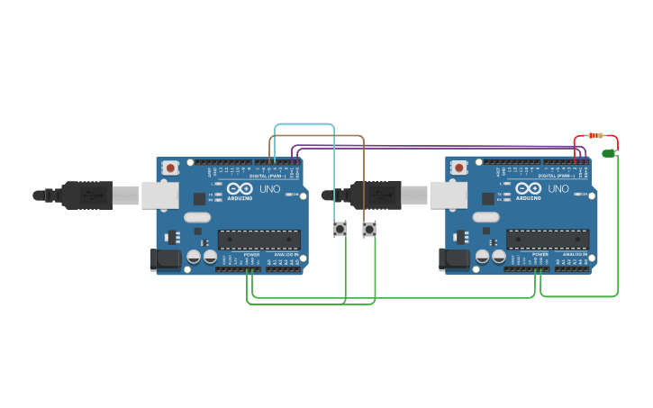 Circuit design Arduino serial: Remote LED command (2 button) - Tinkercad