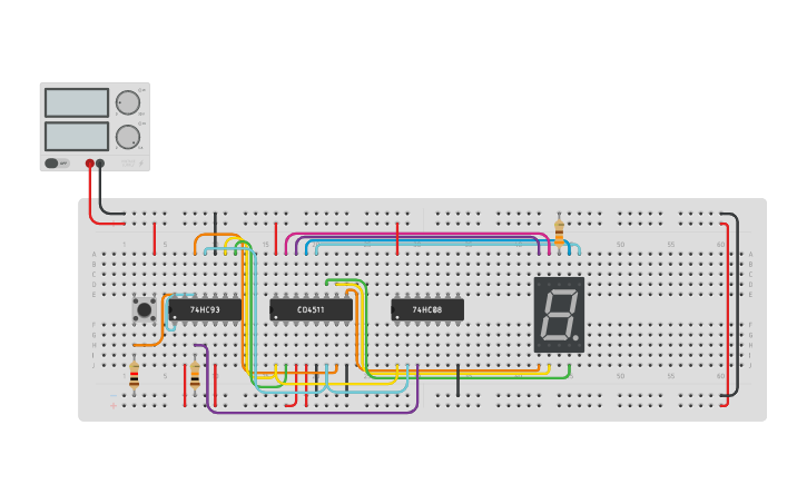 Circuit design Botão decimal/binário/decimal display - Tinkercad