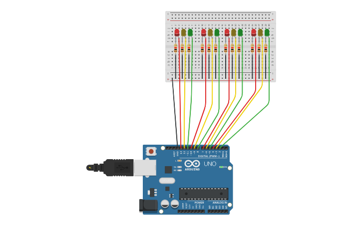 Circuit design Crossroad lights - Tinkercad