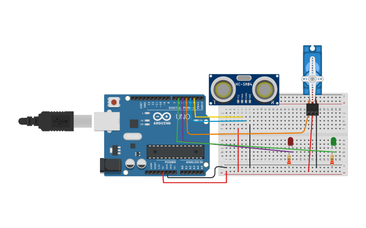 Circuit design PRACTICA 7.Sensor ultrasónico con servo. - Tinkercad Circuit design PRACTICA 7.Sensor ultrasónico con servo. - Tinkercad