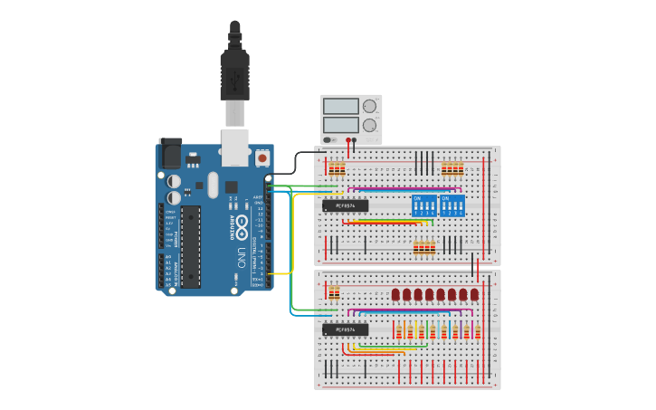Circuit Design Io Expansion Using Pcf8574 I2c Port Expander With Interrupts Tinkercad 