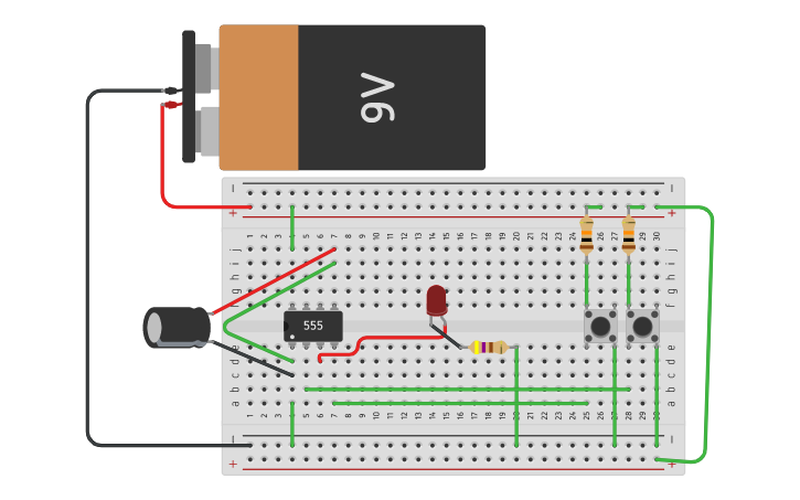 Circuit design Bistable Mode 555 Timer LED - Tinkercad