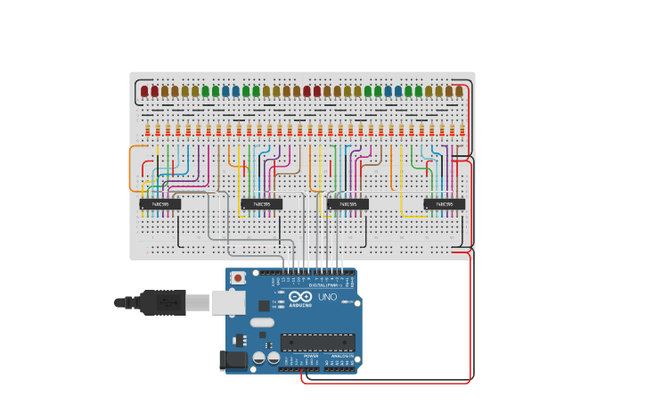 Circuit design 32 LED flashing on a one breadboard using 74HC595 ...