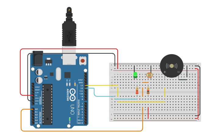 Circuit design LDR Sebagai alarm otomatis - Tinkercad