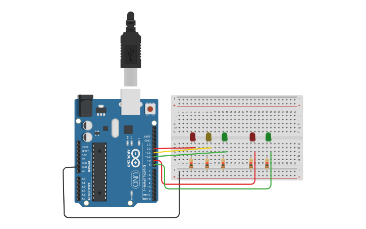 Circuit design Semáforo completo | Tinkercad