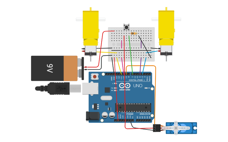 Circuit design Test distance for DC motor run - Tinkercad