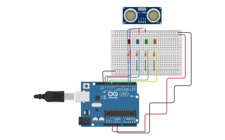 Circuit design circuito sensor de distancia - Tinkercad Circuit design circuito sensor de distancia - Tinkercad