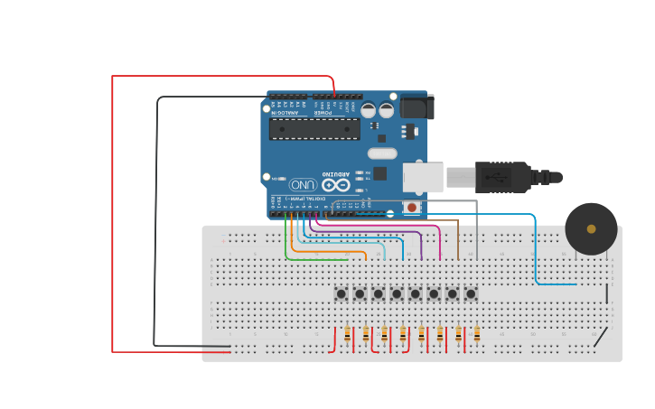 Circuit design Piano With Buzzer | Tinkercad