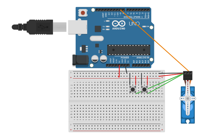 Circuit design servomotor y pulsador | Tinkercad