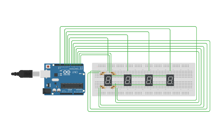 Circuit design 4 digit 7 segment - Tinkercad