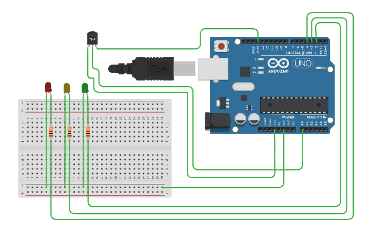Circuit design temperature sensor showing on LED - Tinkercad