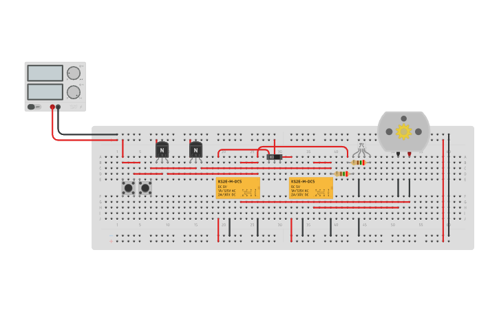 Circuit design Forward-reverse relay motor control with NPN transistor - Tinkercad