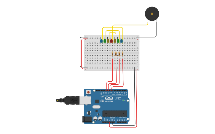 Circuit design Contador com led e Buzzer | Tinkercad