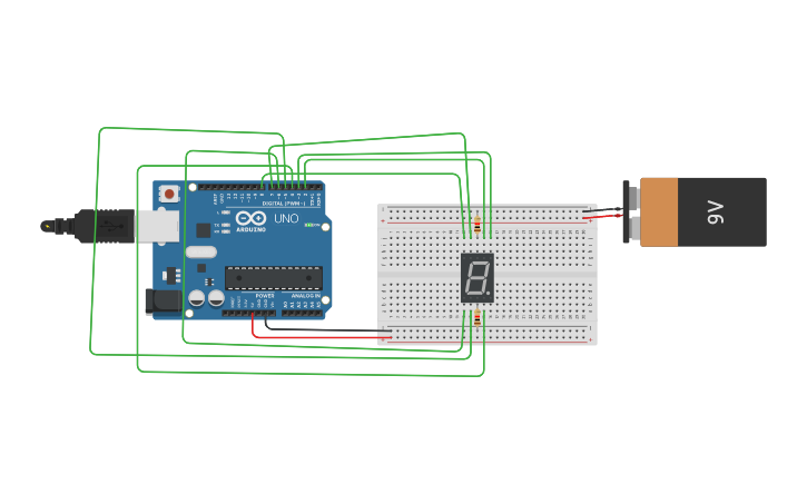 Circuit design CONTADOR DE 0-9 CON DISPLAY | Tinkercad Circuit design CONTADOR DE 0-9 CON DISPLAY | Tinkercad