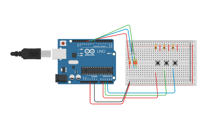 Circuit design RGB Led with 3 buttons - Tinkercad