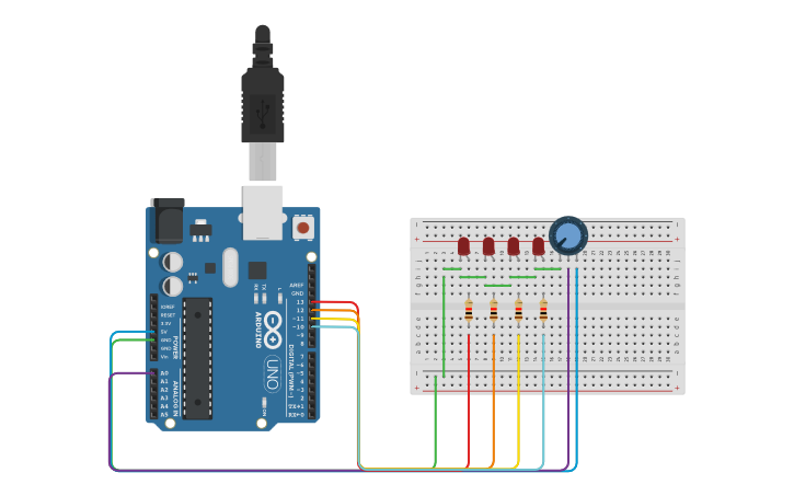 Circuit design KnightRider XB/34 + Potensiometer | Tinkercad
