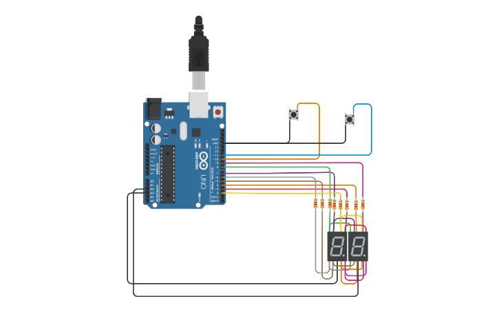 Circuit design Clase 3 - Visualizador 2 numeros con 2 pulsadores : suma y resta - Tinkercad