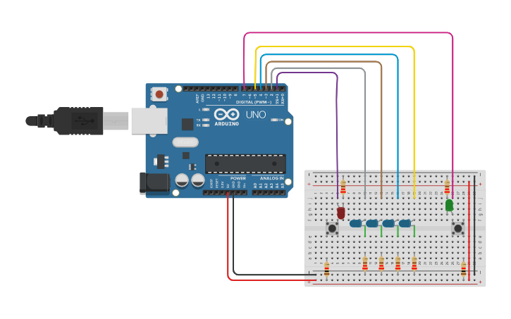 Circuit design doble pulsador - Tinkercad