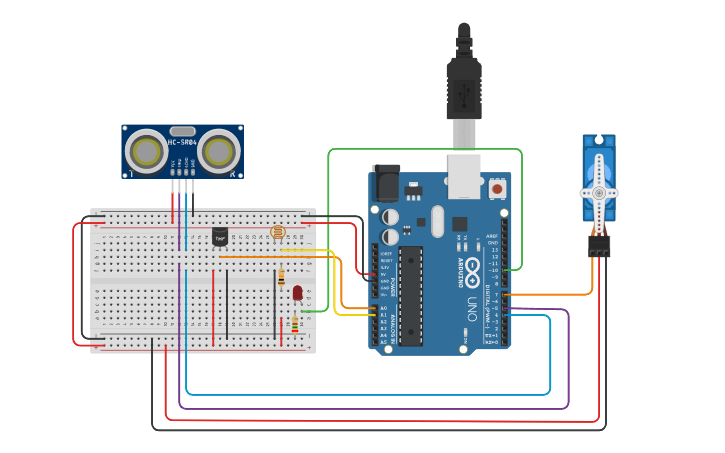 Circuit Design Sensor Sr04 Fotoresistor Y De Temperatura Tinkercad