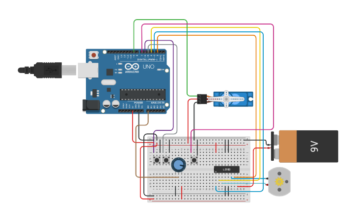 Circuit design servo+motor control with serial comm | Tinkercad