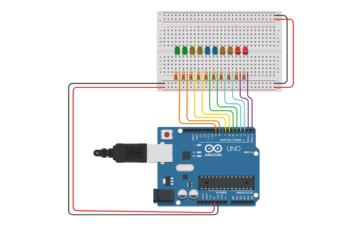 Circuit design LED Sequence 3 - Tinkercad