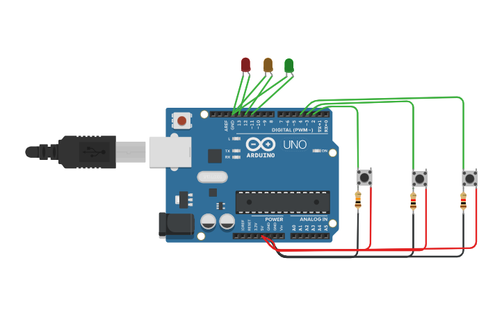 Circuit design Digital Input dengan 3 push button - Tinkercad