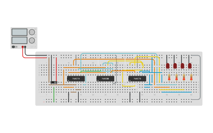 Circuit design 4 bit synchronous up counter using JK flip flops - Tinkercad