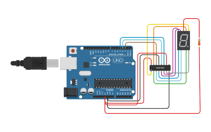 Circuit design 7 Segment 74HC595 - Common Anode - Tinkercad