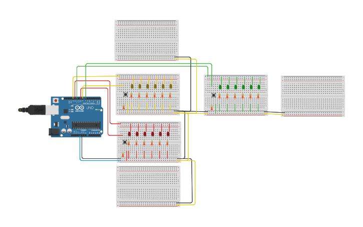 Circuit design 16 leds y 3 botones - Tinkercad