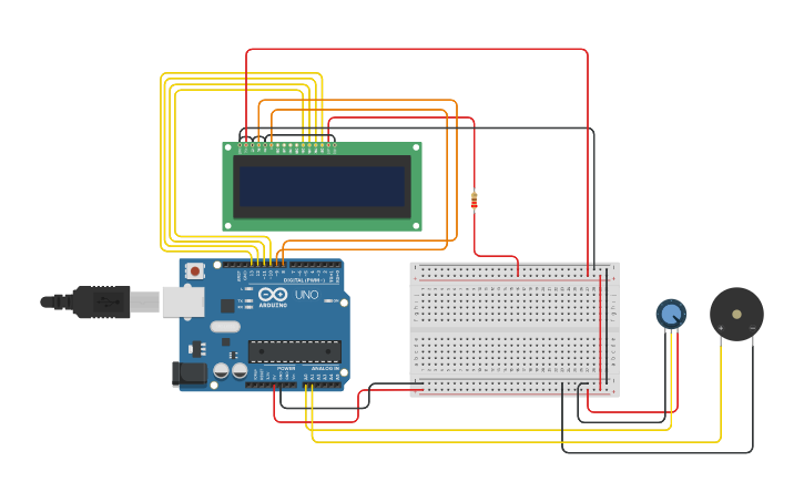 Circuit design Praktikum5_LCDPotentiometerPiezo_1818111 | Tinkercad