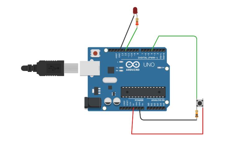 Circuit design Morse code with LED and pushbutton - Tinkercad
