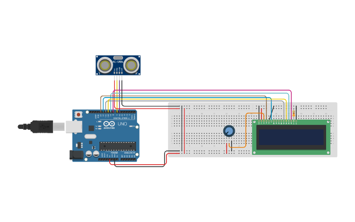 Circuit design DISPLAY LCD 16X2 Y SENSOR ULTRASÓNICO HC SR-04 - Tinkercad